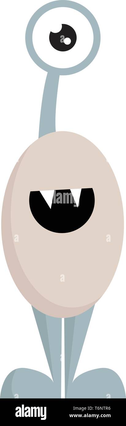 Cartoon one-eyed funny monster oval-shaped body blue legs two fang-like ...