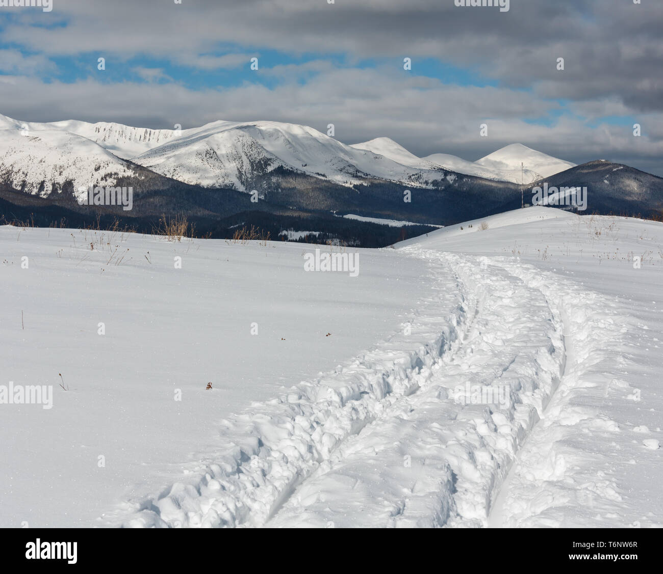 Sledge trace and footprints on winter mountain hill top Stock Photo - Alamy
