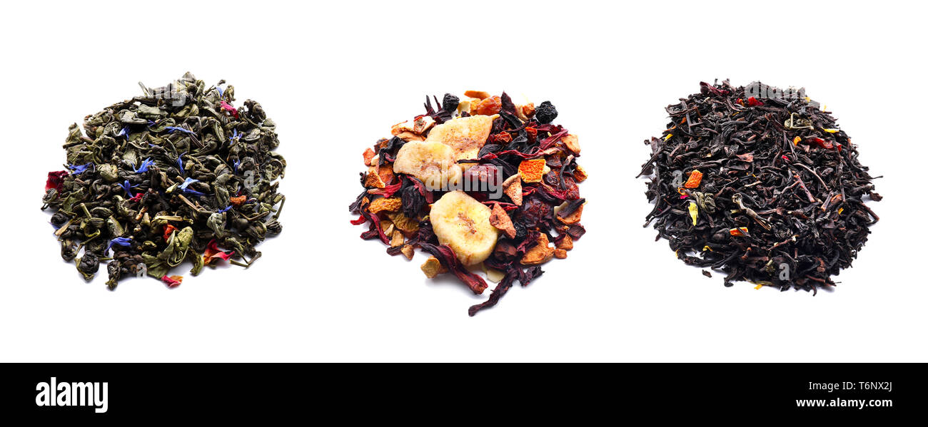 Different types of tea on white background Stock Photo - Alamy