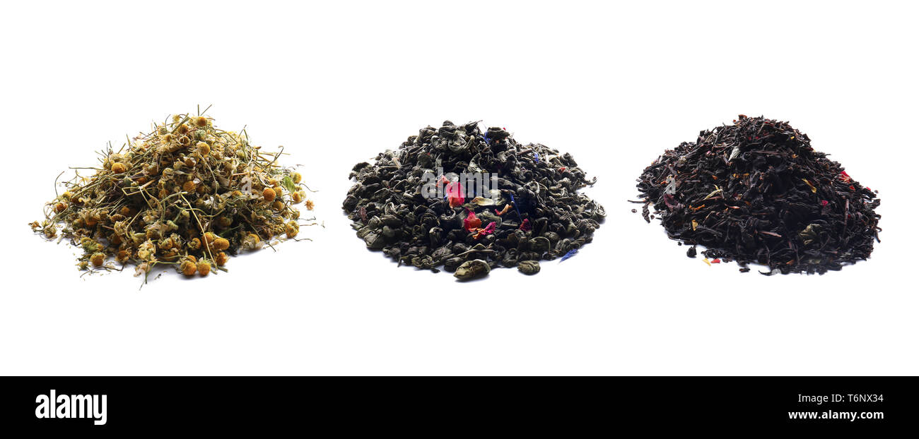 Different types of tea on white background Stock Photo - Alamy