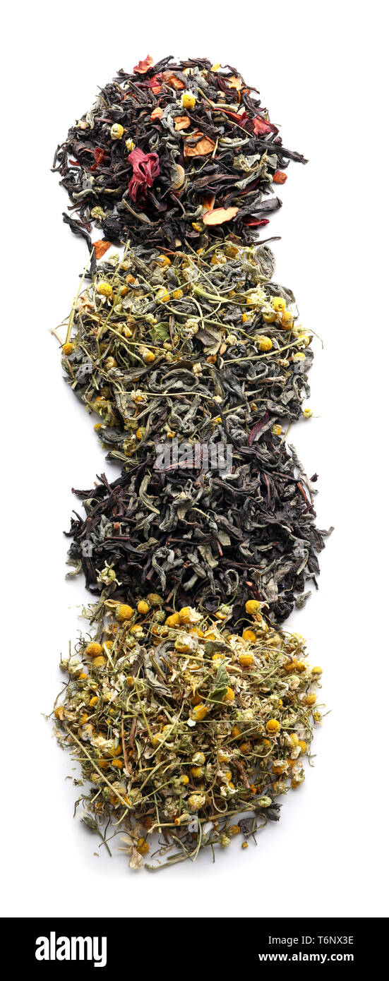 Different types of tea on white background Stock Photo - Alamy