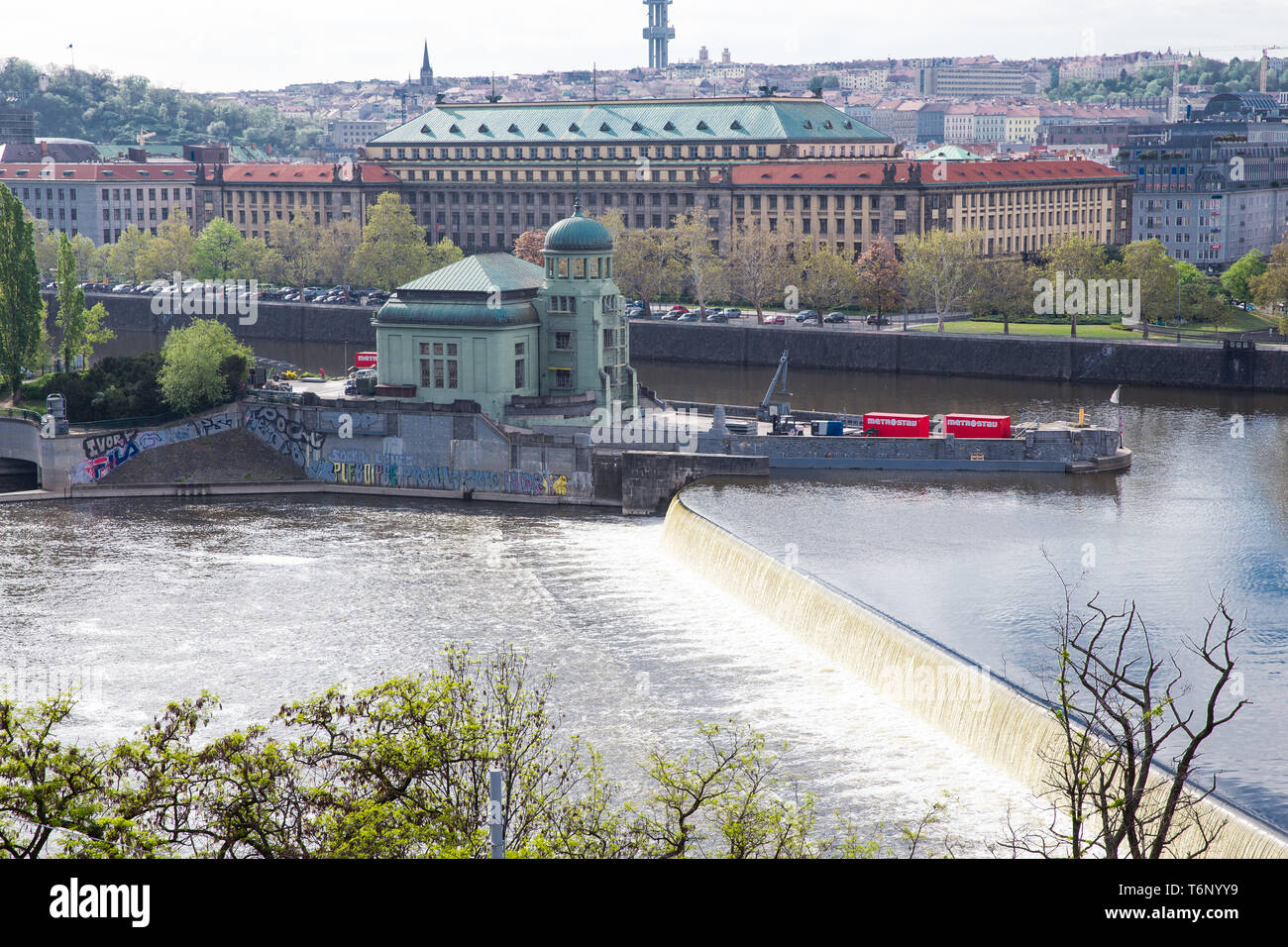 City Prague, Czech Republic. River Vltava and locks, Prague center with ...