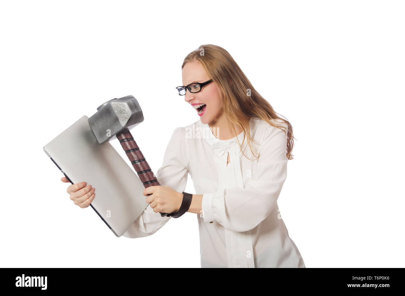 Woman hitting laptop computer hammer hi-res stock photography and ...