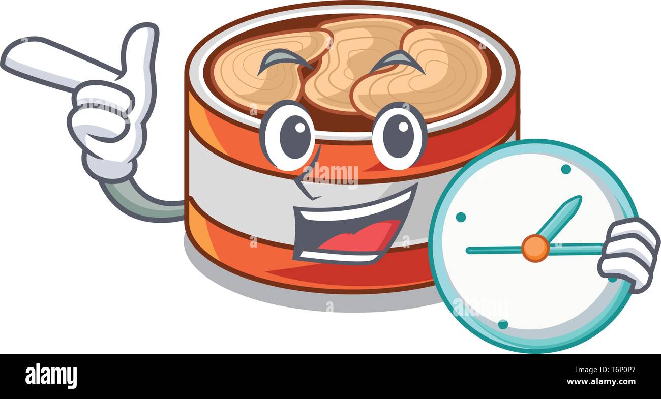 With clock canned tuna above character wooden table Stock Vector Image ...
