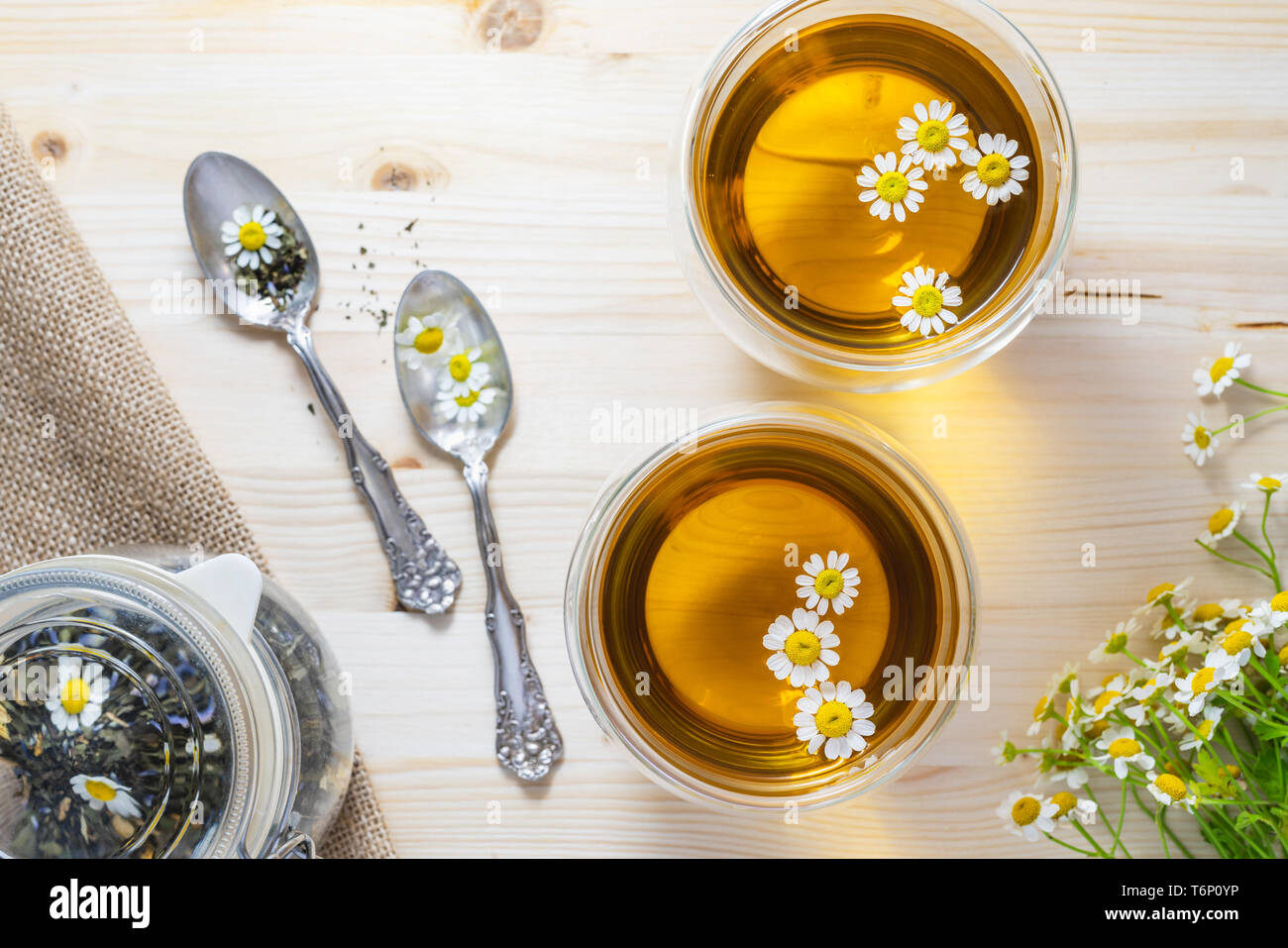 Chamomile Tea in a Glass Cups Close Up on a Wooden Kitchen Table Stock ...