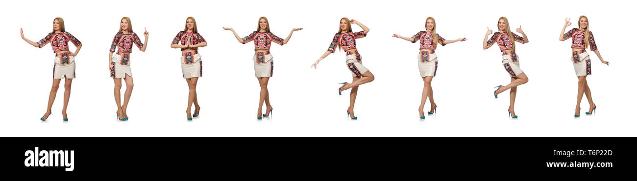 Pretty model in clothes with carpet prints isolated on white Stock ...