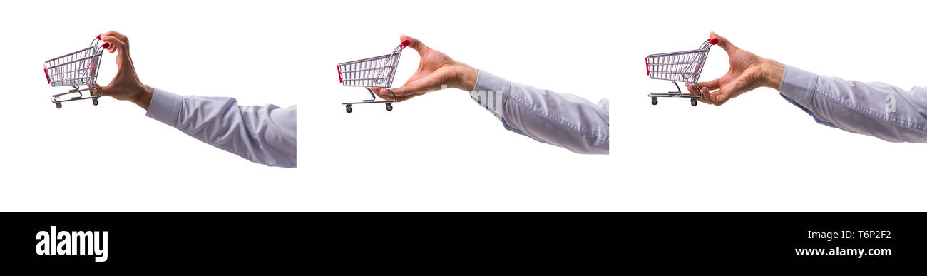 Hand holding shopping cart isolated on white Stock Photo - Alamy