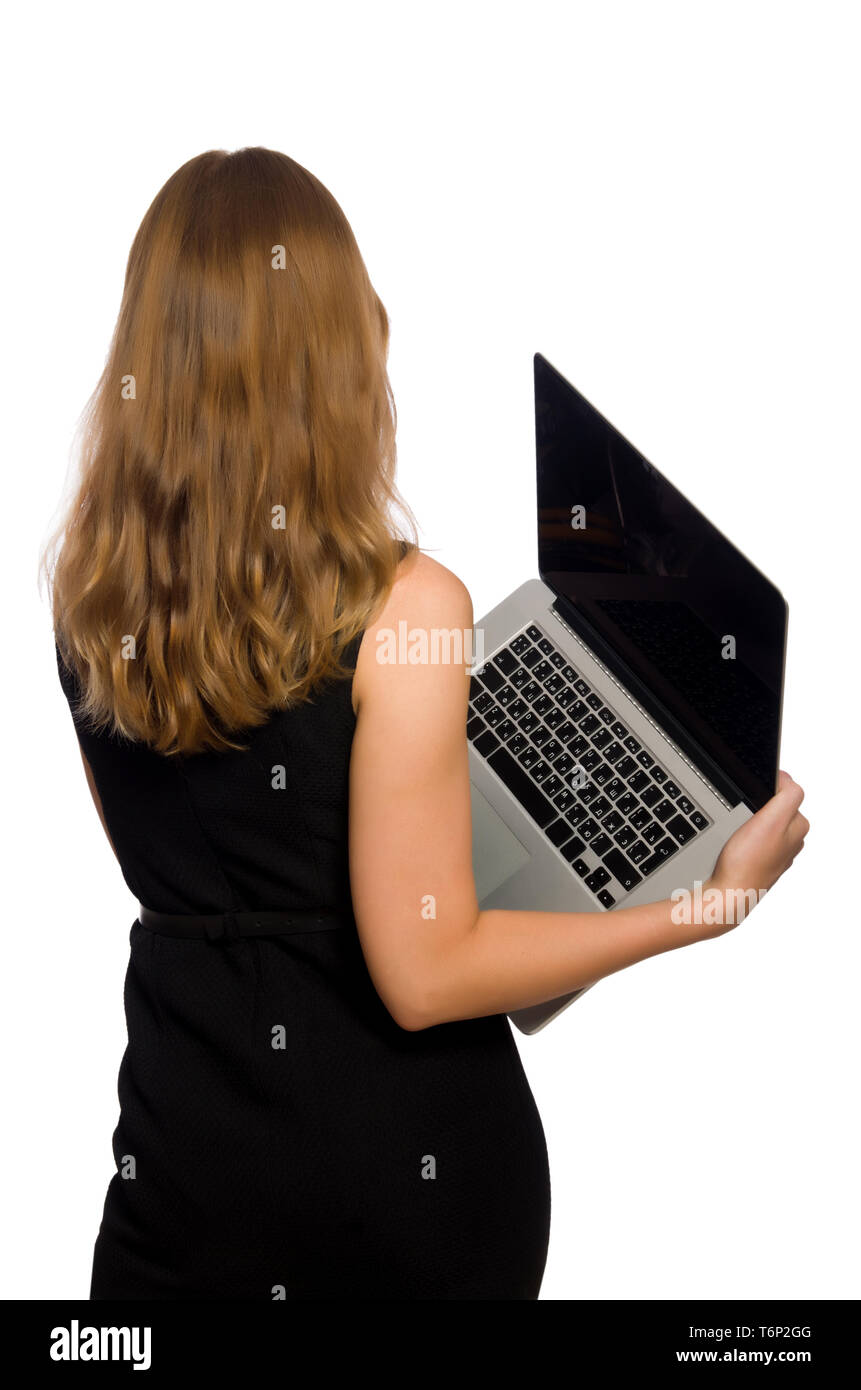 Woman with laptop isolated on white Stock Photo - Alamy
