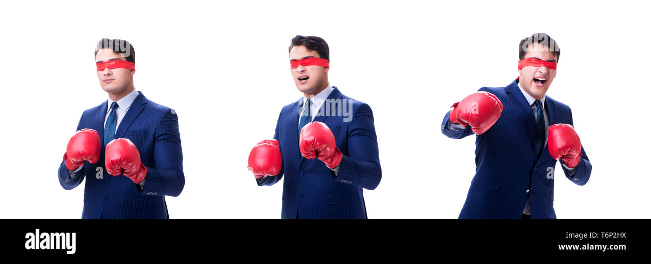 Lawyer with blindfold wearing boxing gloves isolated on white Stock ...