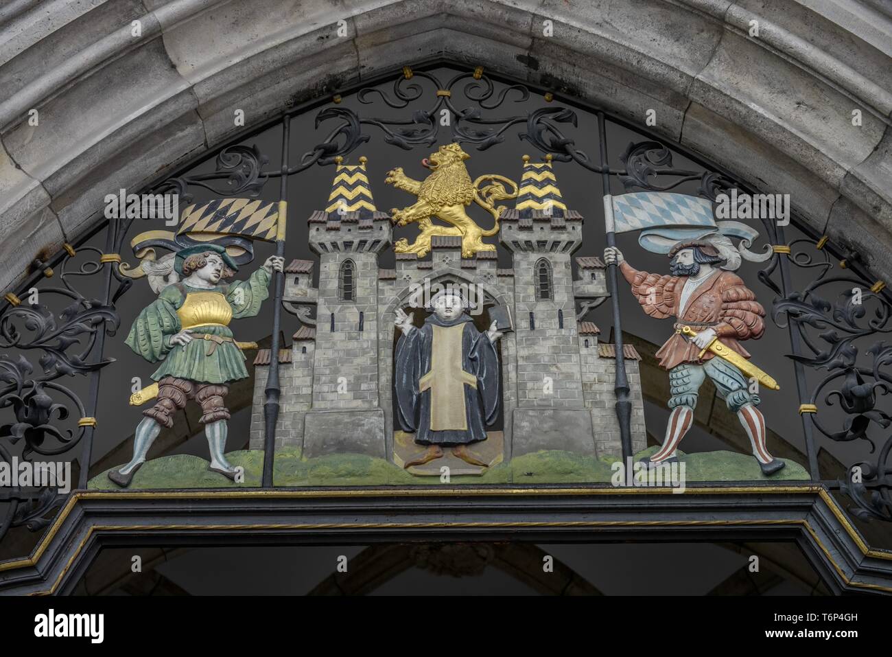 Munich kindl and munich coat of arms over entrance portal hi-res stock ...