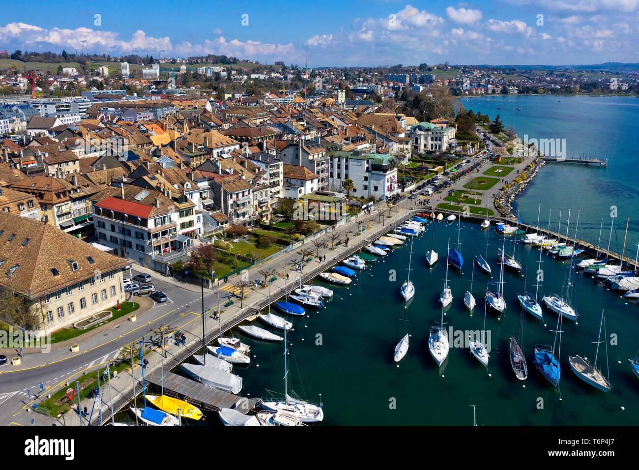 Cityscape, promenade with marina at Lake Geneva, drone shot, Morges, Vaud, Switzerland Stock ...