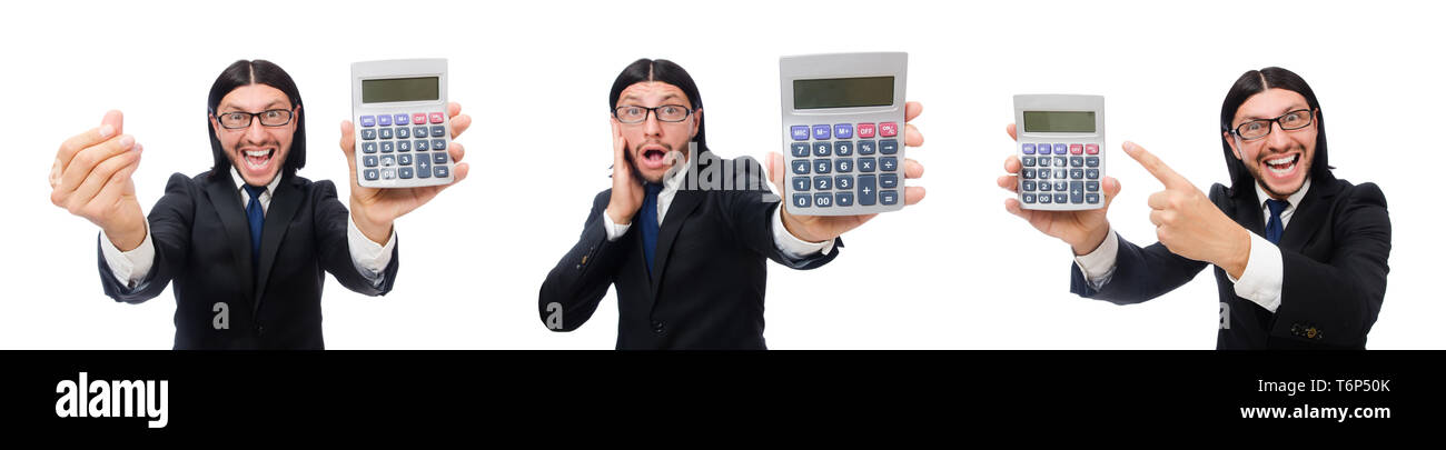 Man with calculator isolated on white Stock Photo - Alamy
