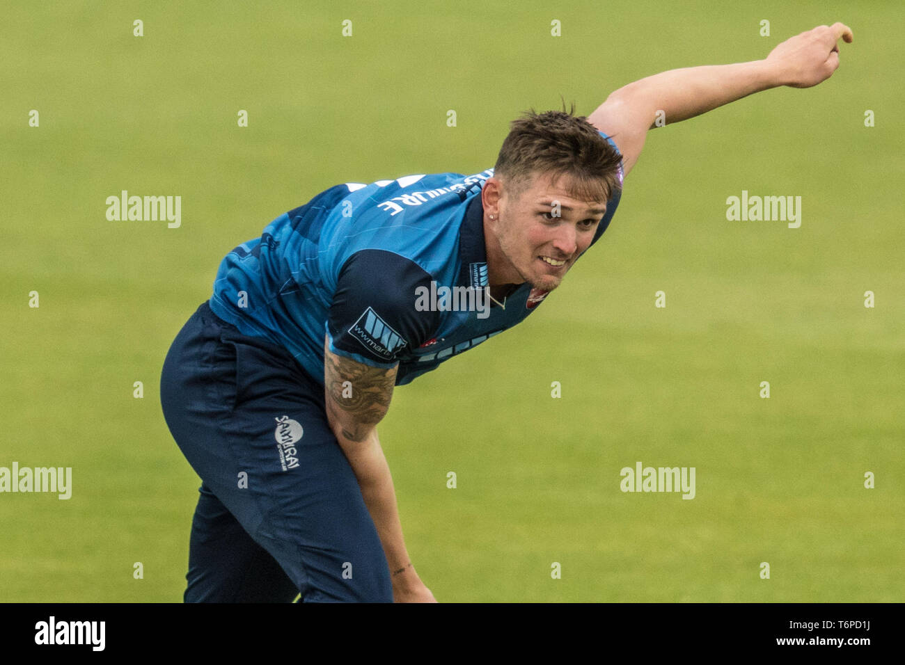 London, UK. 2nd May, 2019. Harry Podmore bowling as Surrey take on Kent ...