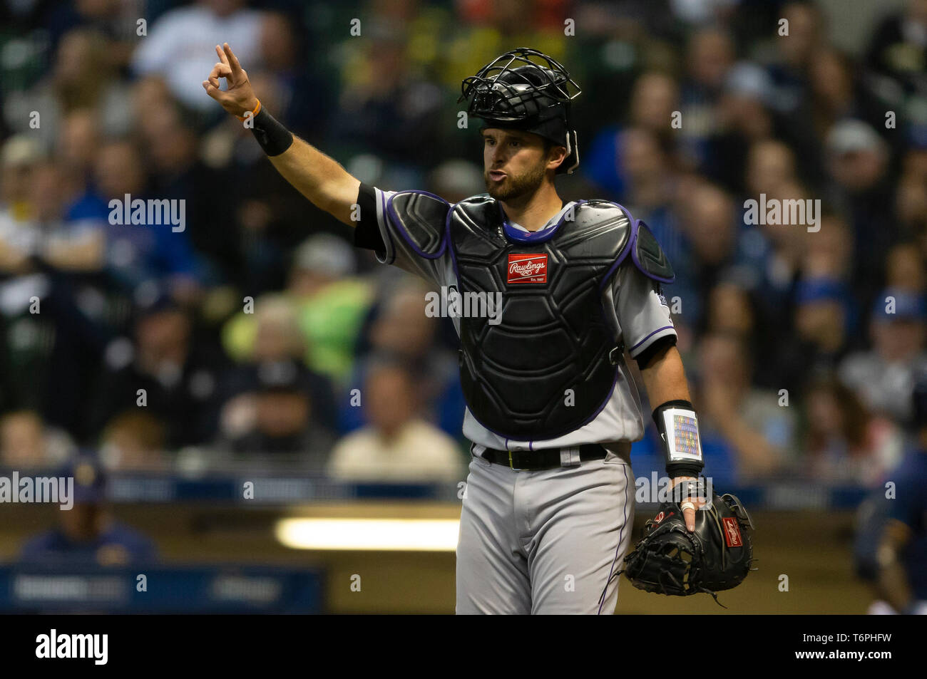 Milwaukee, WI, USA. 1st May, 2019. Colorado Rockies catcher Drew Butera ...