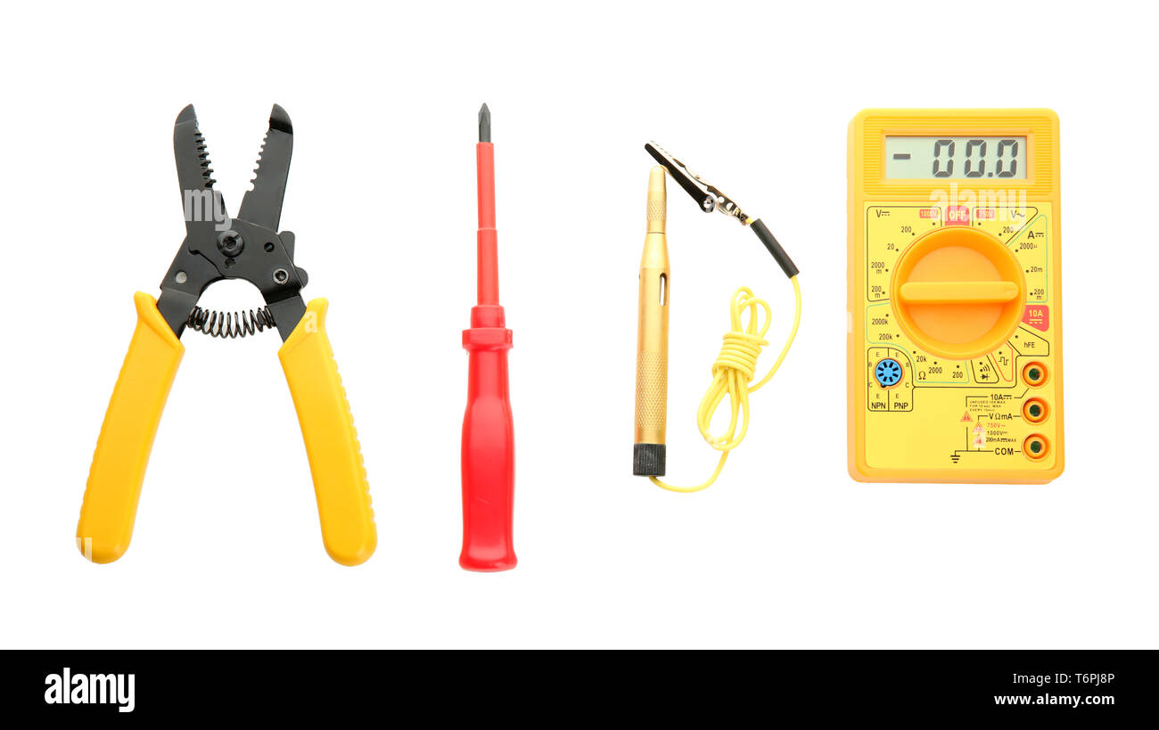 Different electrical tools on white background, top view Stock Photo ...