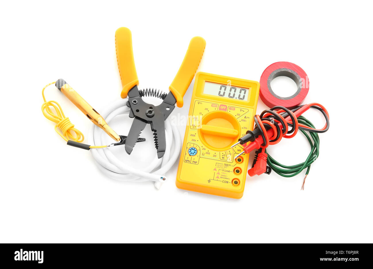 Different electrical tools on white background, top view Stock Photo ...