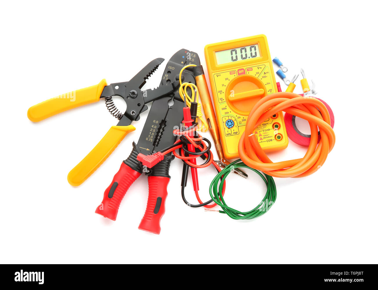 Different electrical tools on white background, top view Stock Photo ...