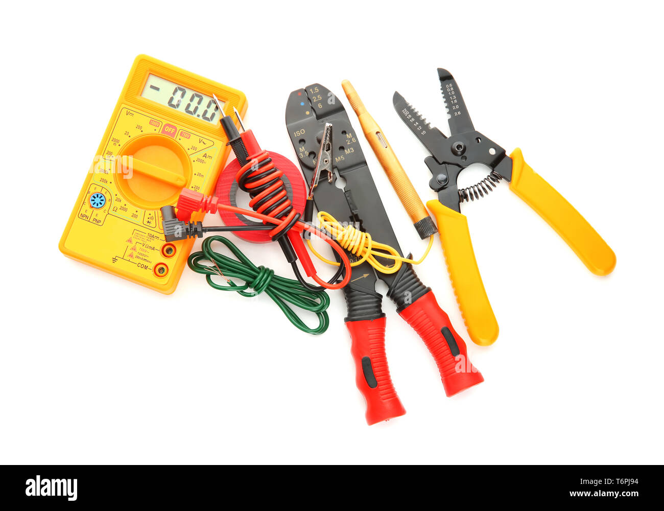 Different electrical tools on white background, top view Stock Photo ...