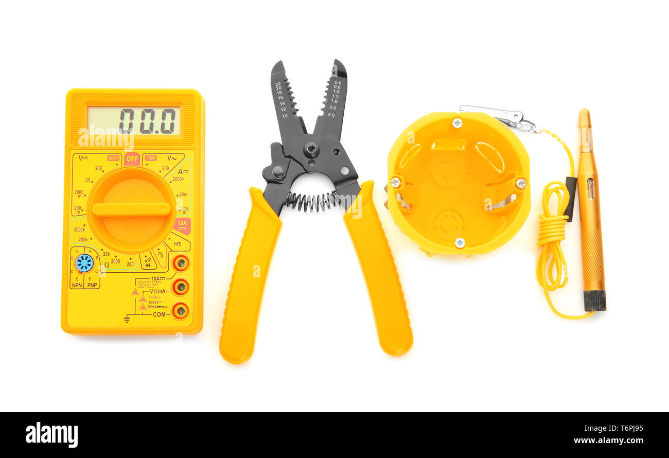 Different electrical tools on white background, top view Stock Photo ...