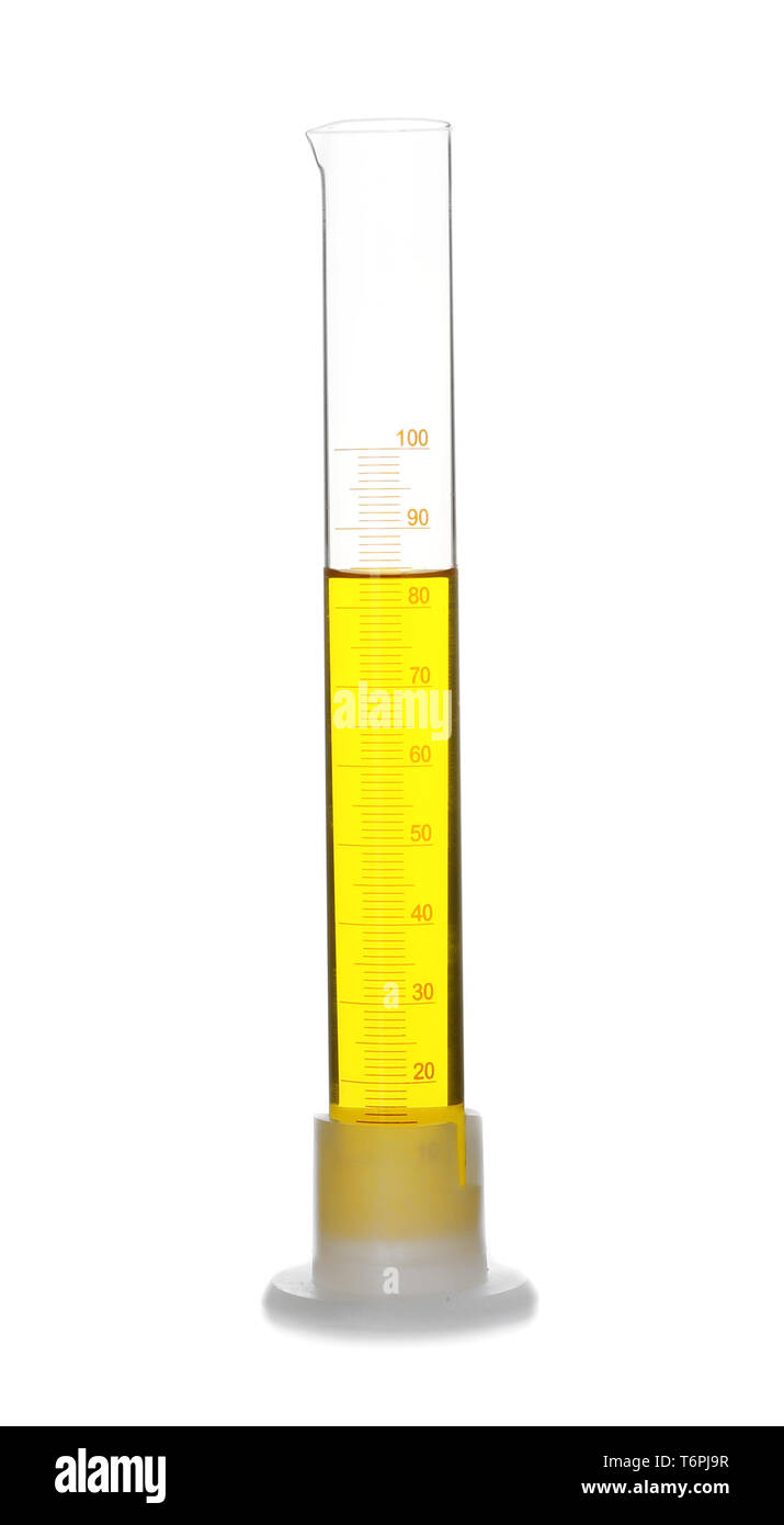 Test tube with yellow liquid on white background Stock Photo - Alamy