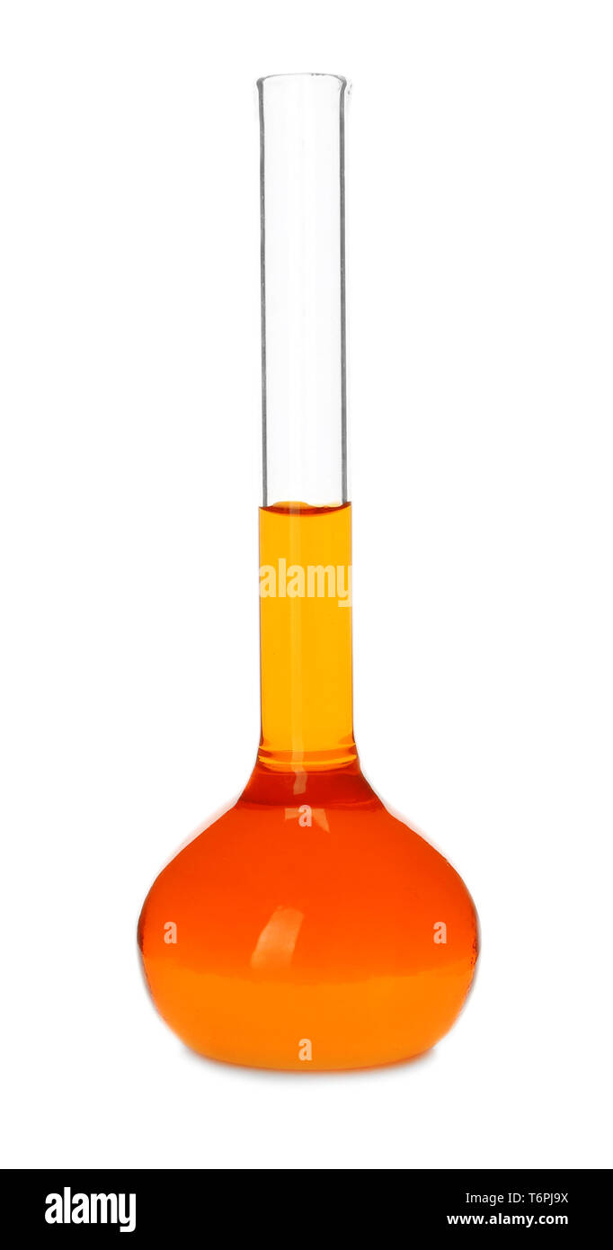 Flask with orange liquid on white background Stock Photo - Alamy