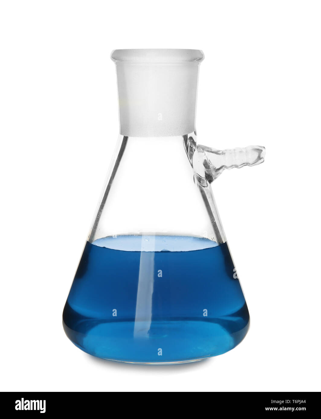 Flask with blue liquid on white background Stock Photo - Alamy