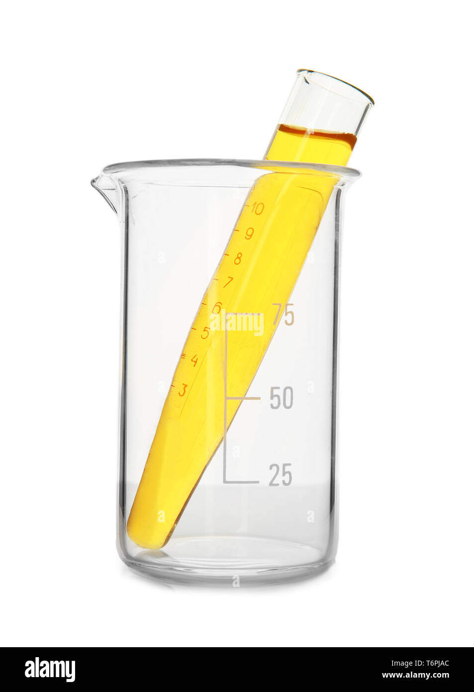 Test tube with yellow liquid in beaker on white background Stock Photo ...