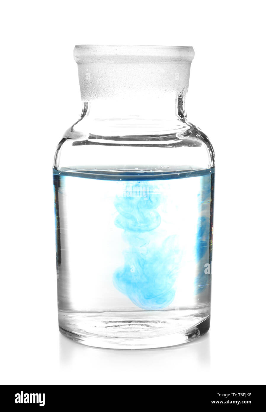 Flask with blue liquid on white background Stock Photo - Alamy