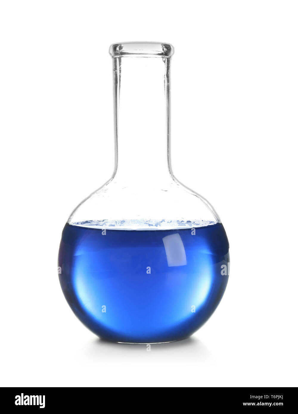 Flask with blue liquid on white background Stock Photo - Alamy