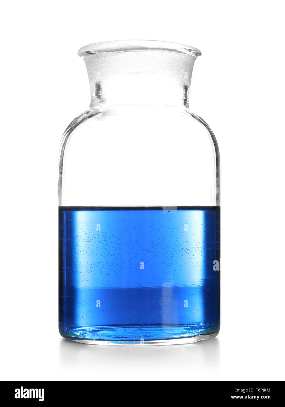 Flask with blue liquid on white background Stock Photo - Alamy