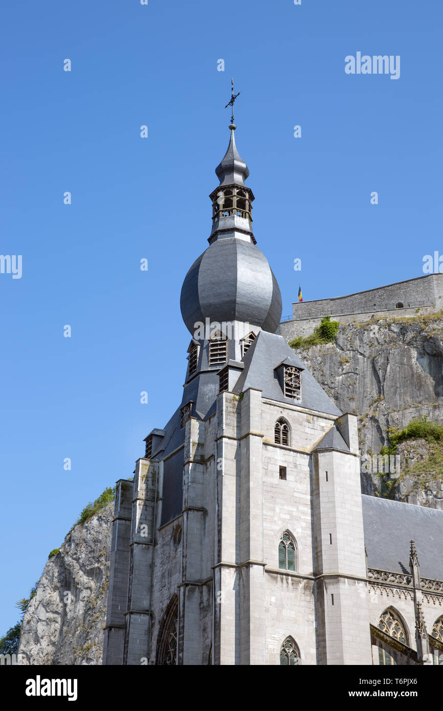 Looking up to Church and citadel of Dinant, Belgium Stock Photo - Alamy