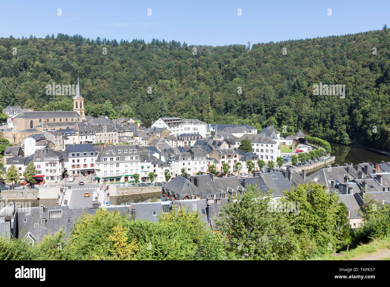 Aerial view medieval city Bouillon along river Semois in Belgium Stock ...