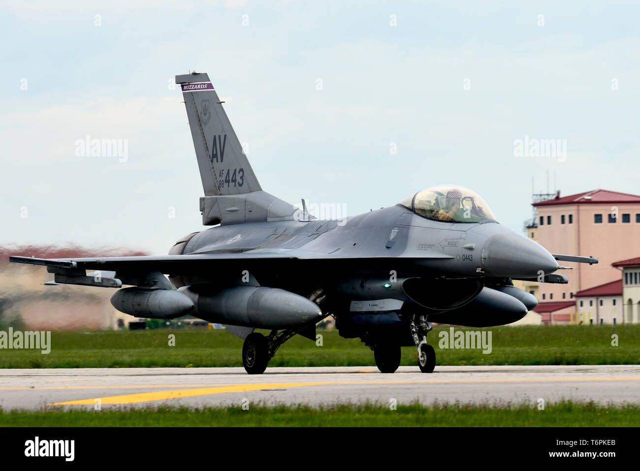 An F-16 Fighting Falcon lands at Aviano Air Base, Italy, April 30, 2019 ...