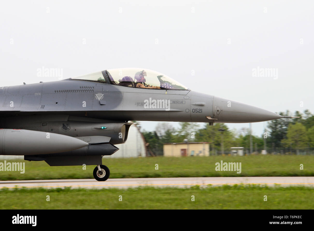 An F-16 Fighting Falcon lands at Aviano Air Base, Italy, April 30, 2019 ...