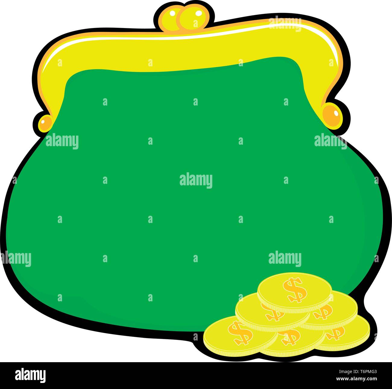 Flat drawing of a green wallet. Gold coins, cents. Isolated, white ...