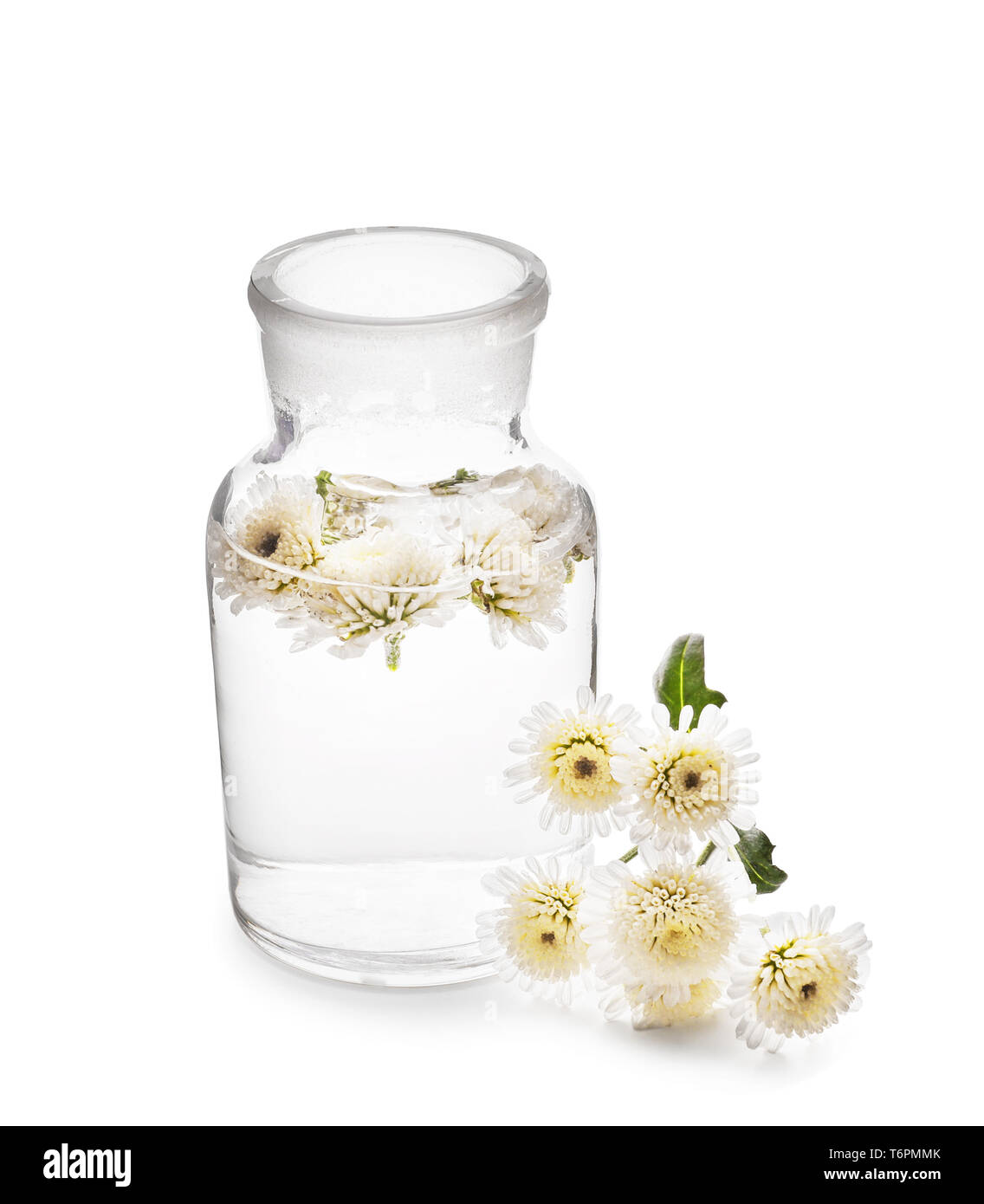 Flask with flowers on white background Stock Photo - Alamy
