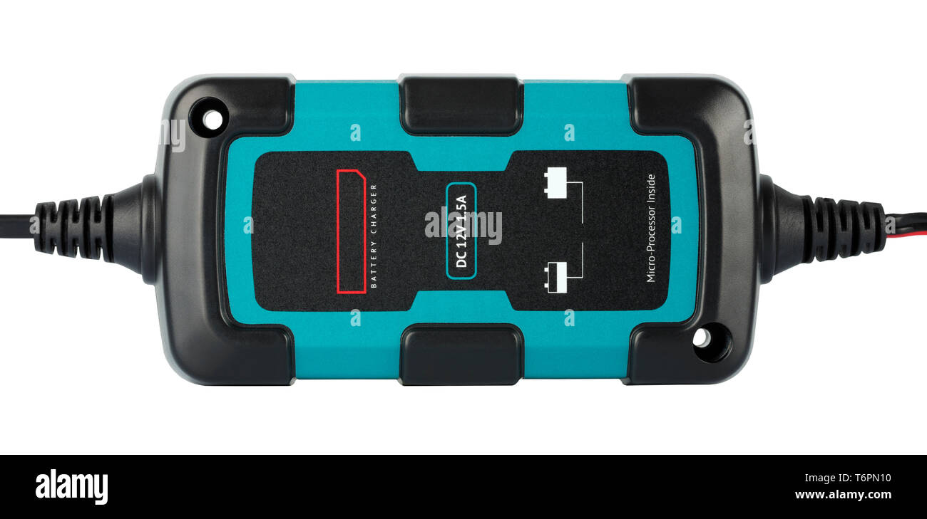 High frequency automotive charger of turquoise color, isolated on white ...