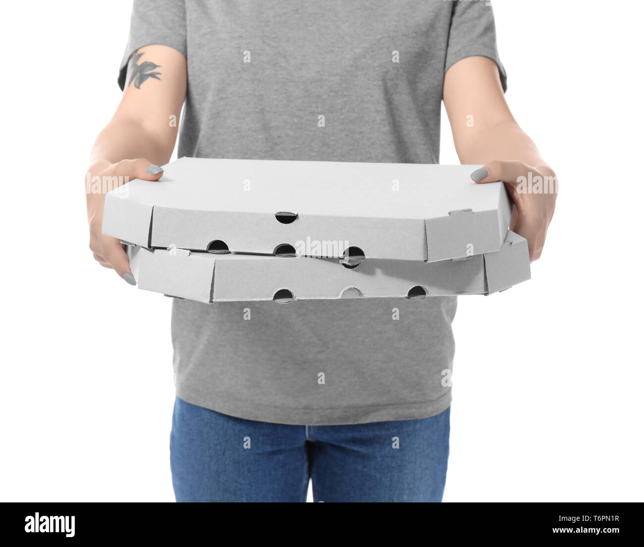 Woman with cardboard pizza boxes on white background. Food delivery ...