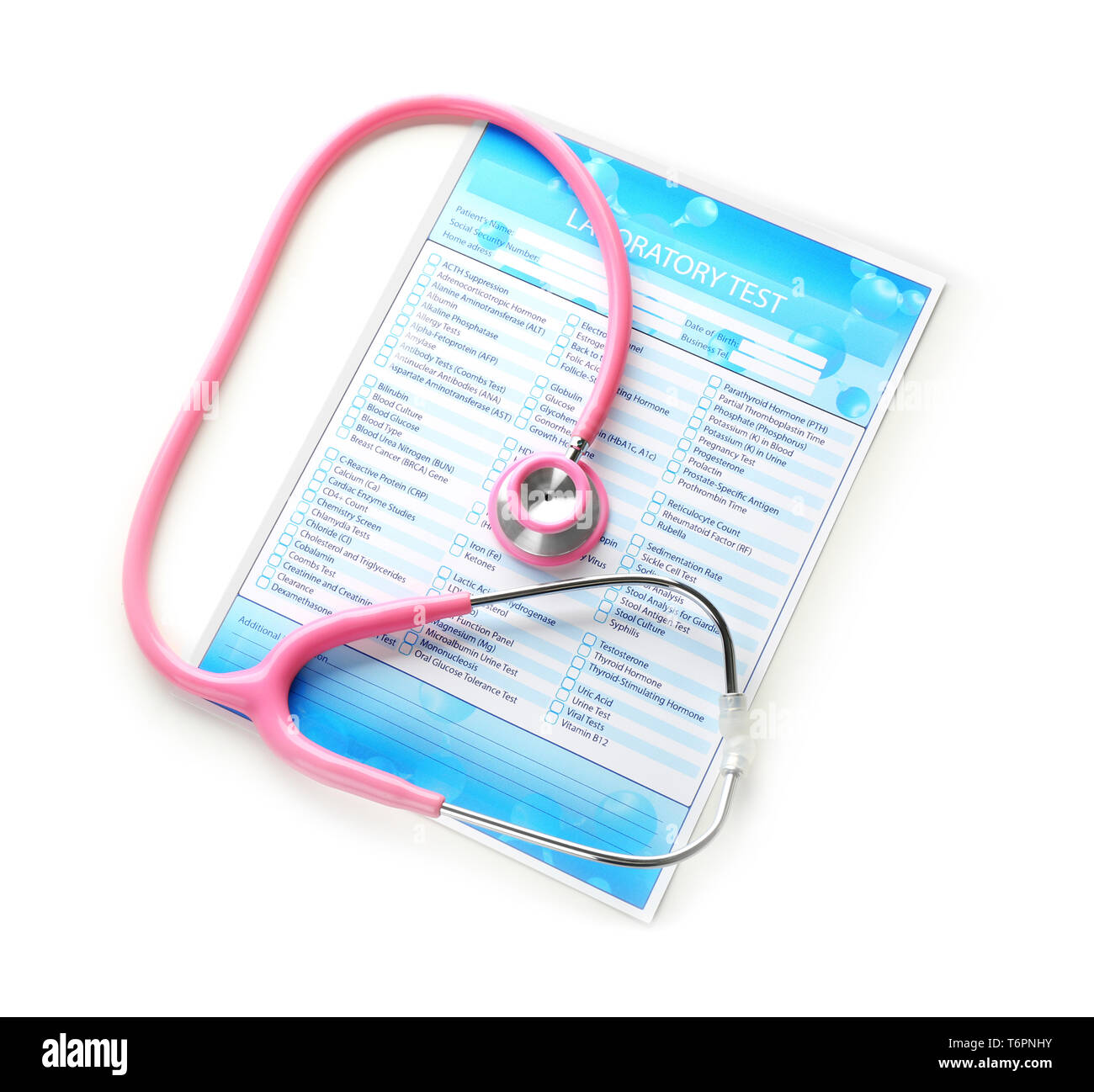 Medical stethoscope with laboratory test on white background. Health ...
