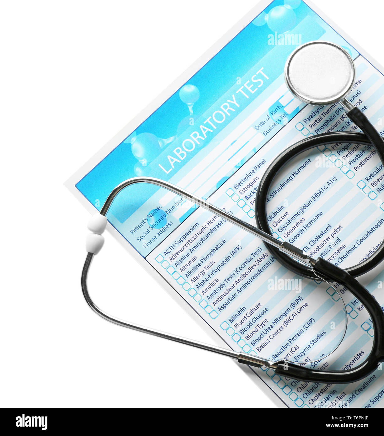 Medical stethoscope with laboratory test on white background. Health ...