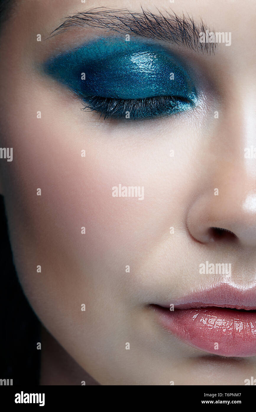 Closeup macro portrait of female face with closed eyes. Human woman ...