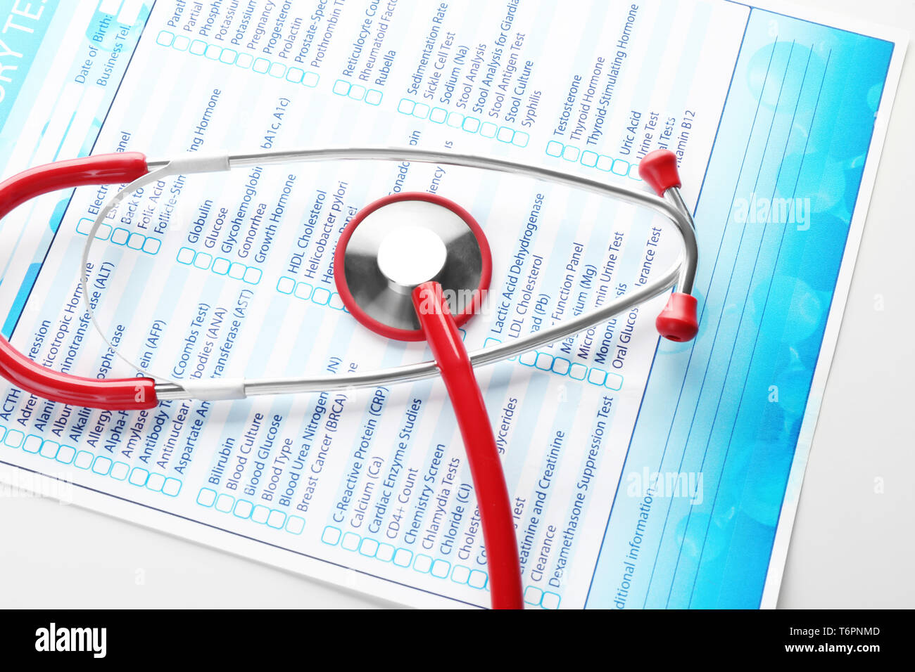 Medical stethoscope with laboratory test on white background. Health ...