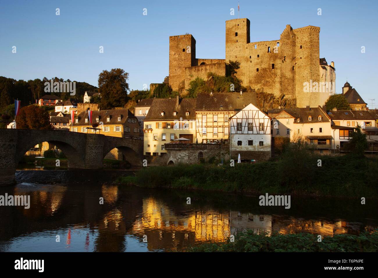 Medieval castle in Runkel an der Lahn is reflected in the Lahn River at ...