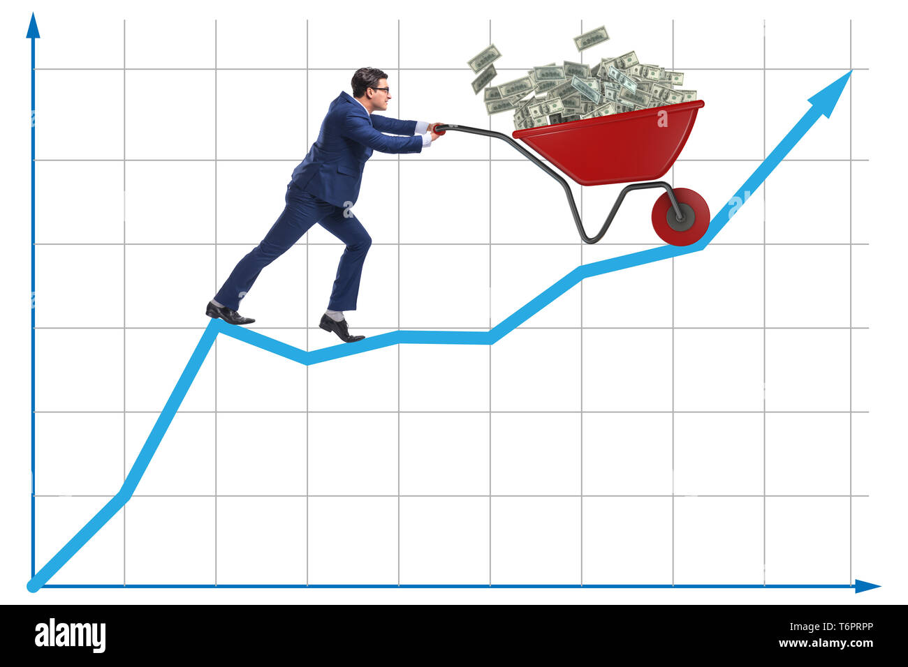 Businessman pushing wheelbarrow full of dollar money Stock Photo - Alamy