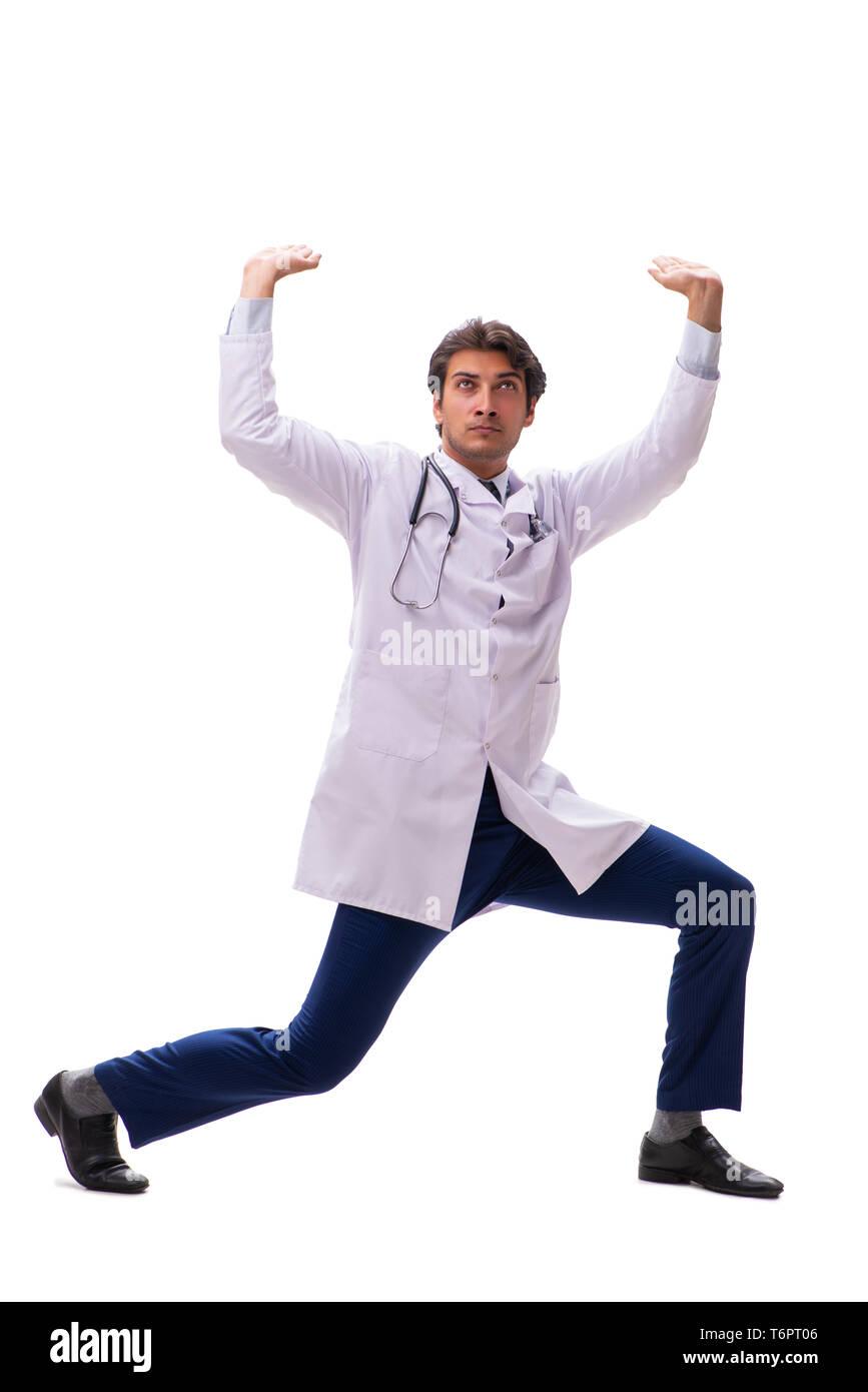 Young handsome doctor under pressure isolated on white Stock Photo - Alamy
