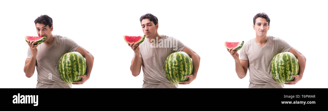 Young man with watermelon isolated on white Stock Photo - Alamy