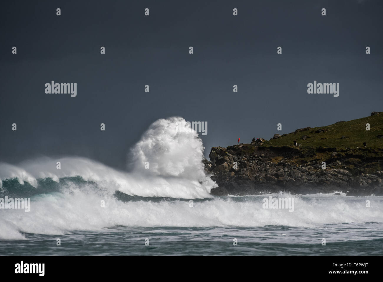 St Ives Porthmeor The Island Big Storm Waves Stock Photo - Alamy