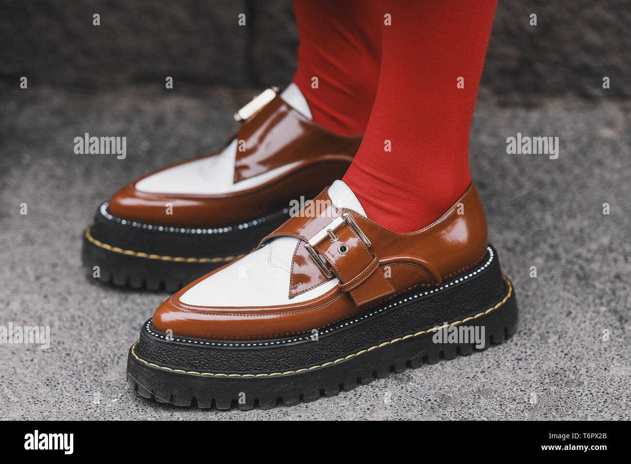 Milan, Italy - February 23, 2019: Street style – Shoes detail after a ...