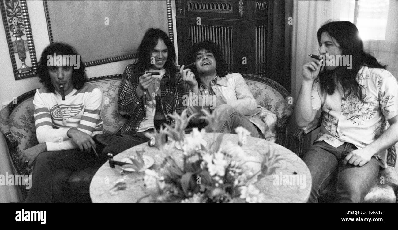 COPENHAGEN, DENMARK - MARCH 16: Neil Young posed with members of Crazy Horse in his hotel in ...