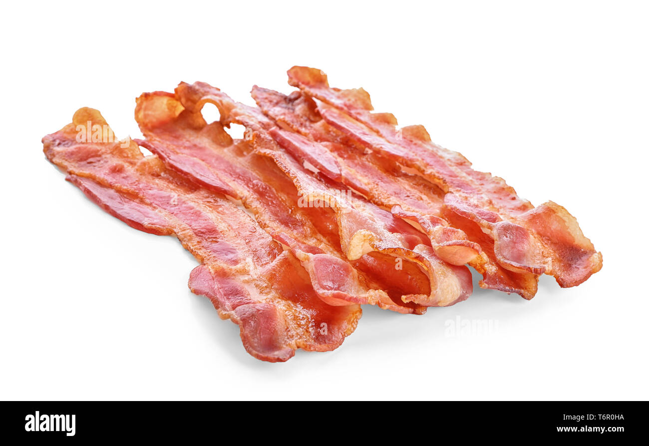 Fried bacon on white background Stock Photo - Alamy